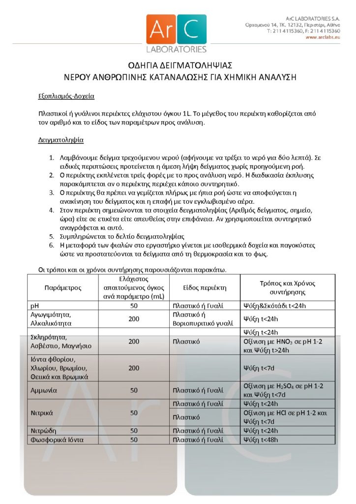 ΔΕΙΓΜΑΤΟΛΗΨΙΑ ΝΕΡΟΥ ΓΙΑ ΧΗΜΙΚΗ ΑΝΑΛΥΣΗ | ArC Laboratories